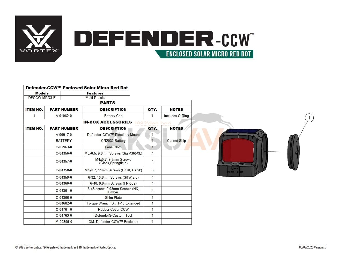 Vortex Optics Defender-CCW Enclosed Solar Micro Red Dot